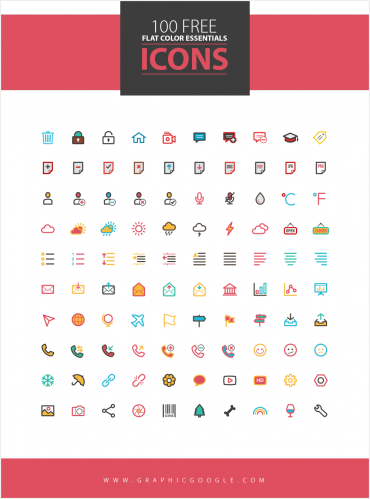 100 Free Flat Color Essentials Icons Ai (Vector File)