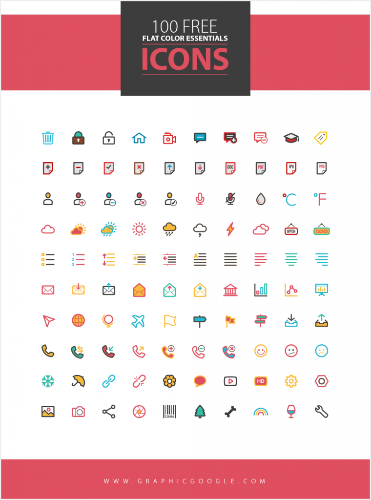 100 Free Flat Color Essentials Icons Ai (Vector File)