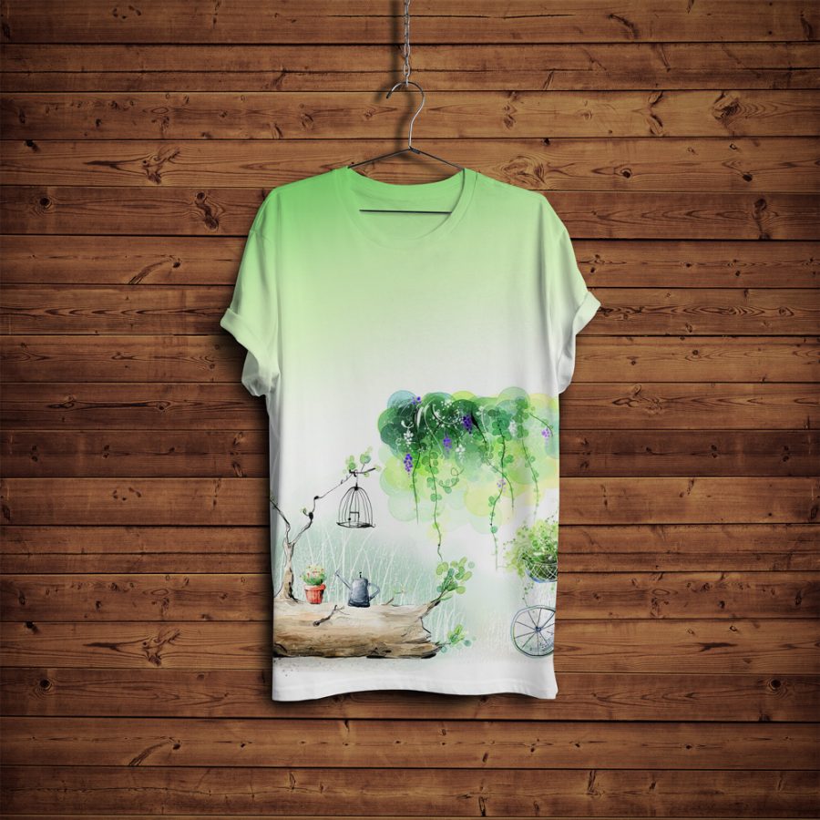 Free T-Shirt Mock-up with Hanger & Wooden Background