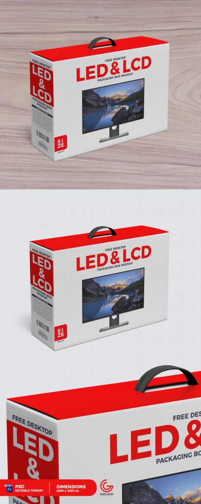Free Desktop LCD & LED Packaging Box with Handle Mockup